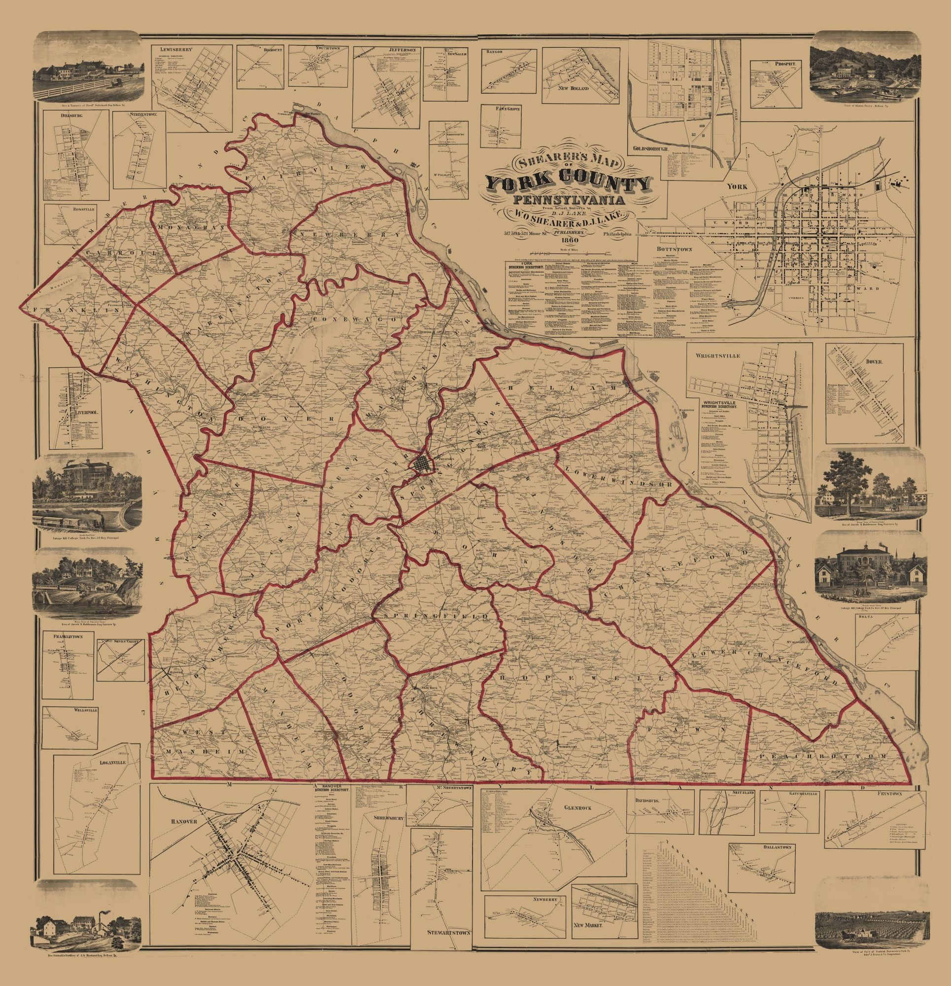 Historic County Map - York County Pennsylvania - Shearer 1860 - 23 x 23 ...