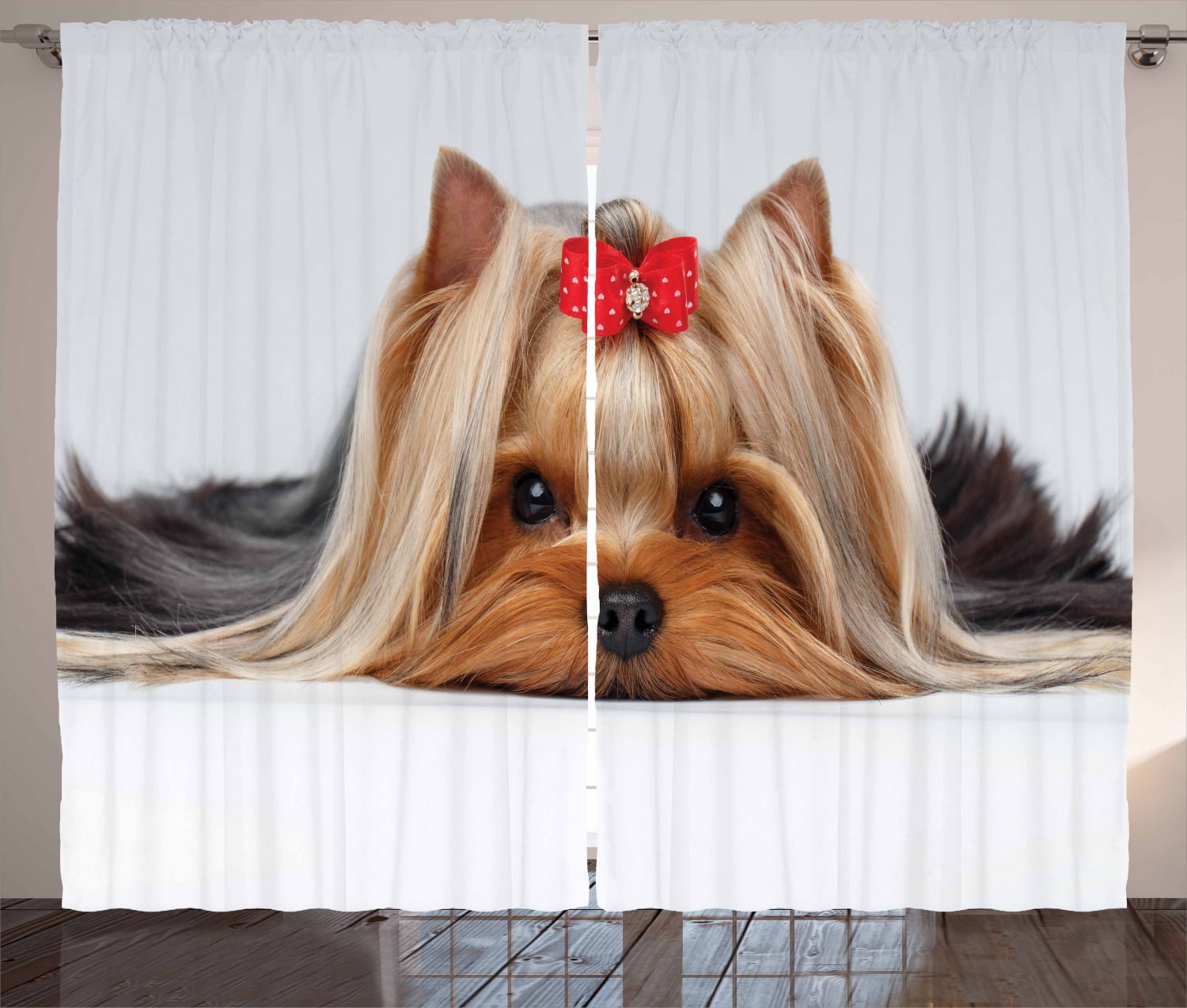 Ambesonne Yorkie Curtains 2 Panel Set, Lying Dog Ribbon Love, 108" x ...