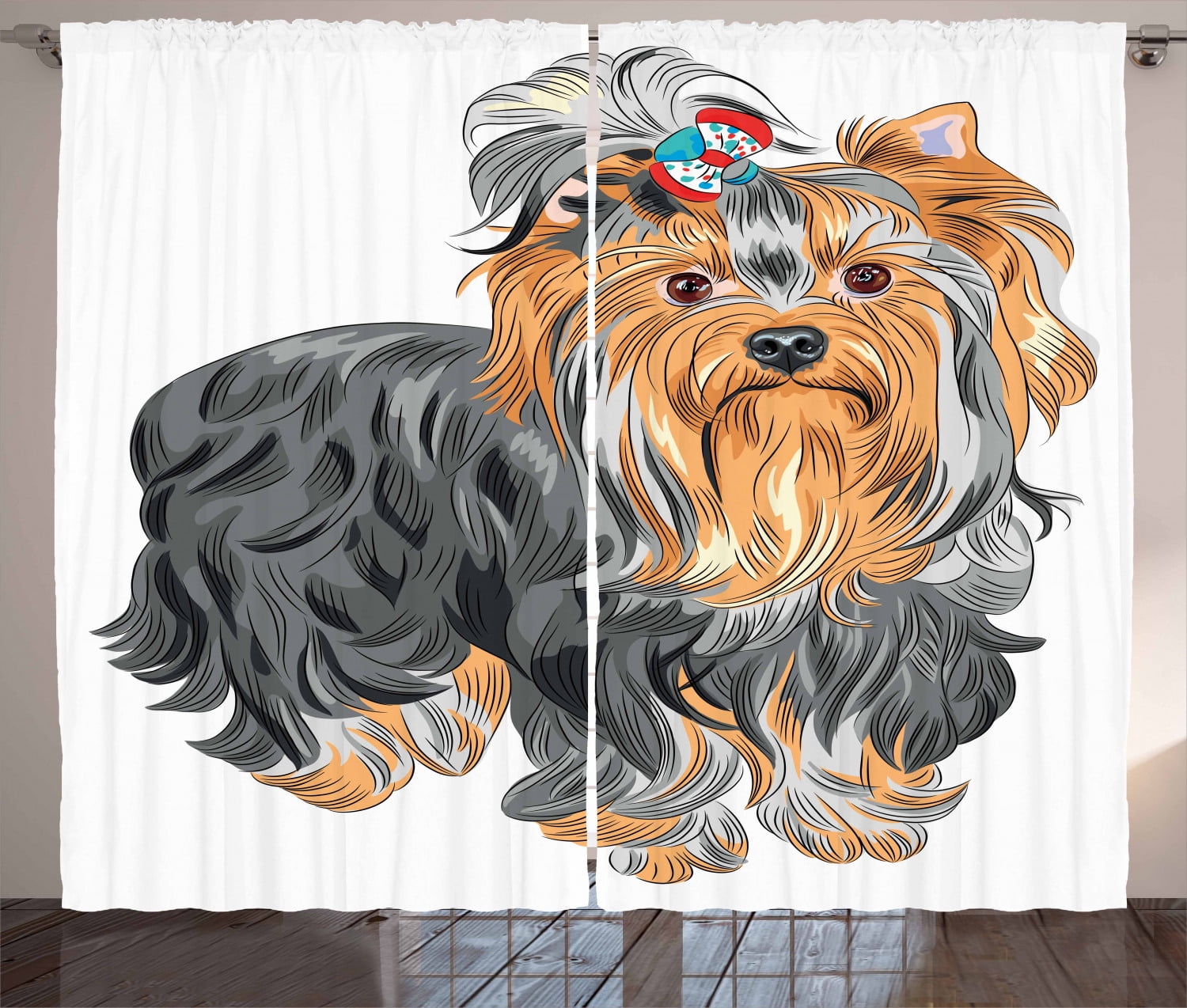 Ambesonne Yorkie Curtains 2 Panel Set, Terrier with Bow, 108" x 96 ...