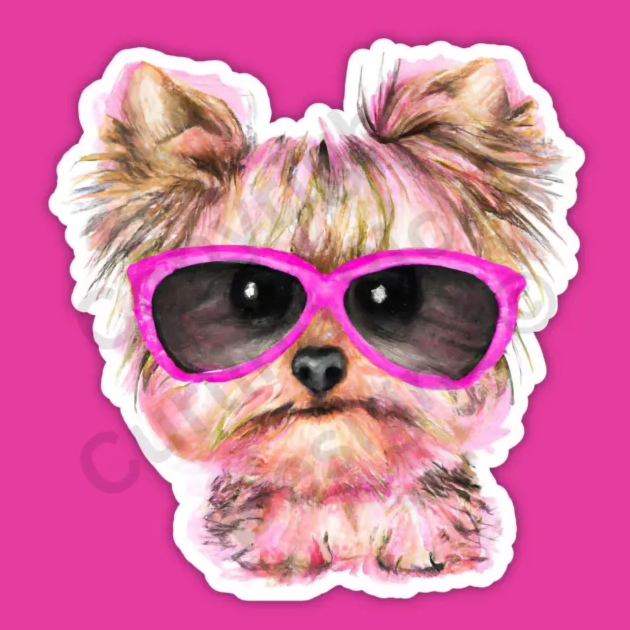 Yorkie Dog Wearing Pink Sunglasses Breed Fantasy Pencil Art Sticker ...