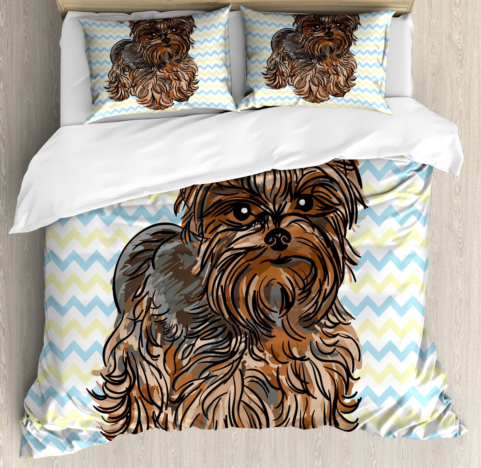 Yorkie Duvet Cover Set, Brown Yorkie with Evenr Buckle on Its Head ...