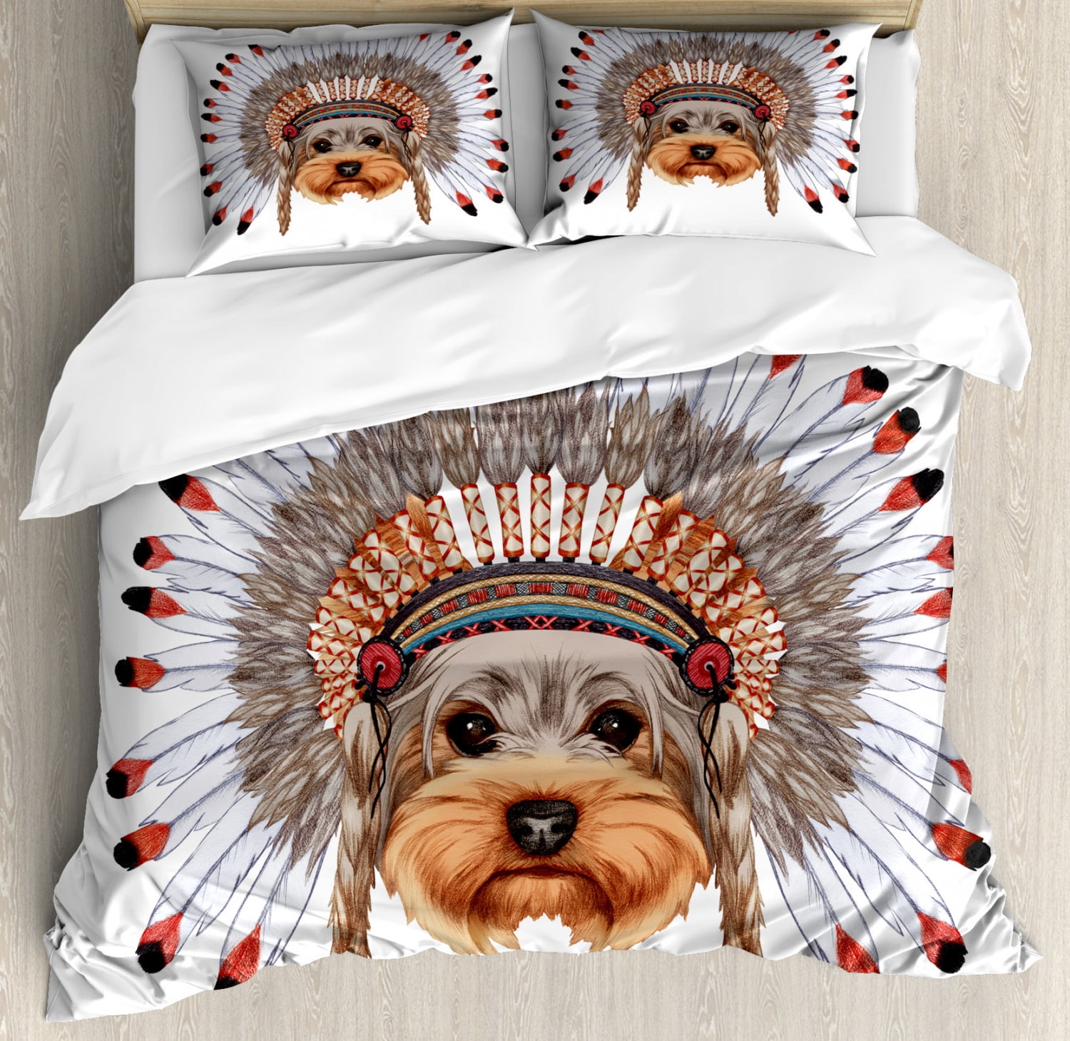 Yorkie Duvet Cover Set Queen Size, Yorkshire Terrier in Bonnet Ethnic ...