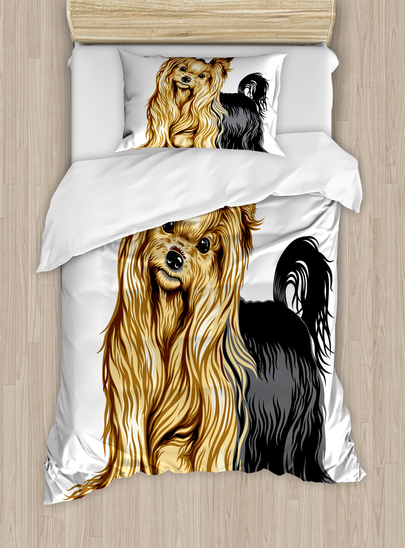 Yorkie Duvet Cover Set, Realistic Drawing Long Haired Yorkie Domestic ...