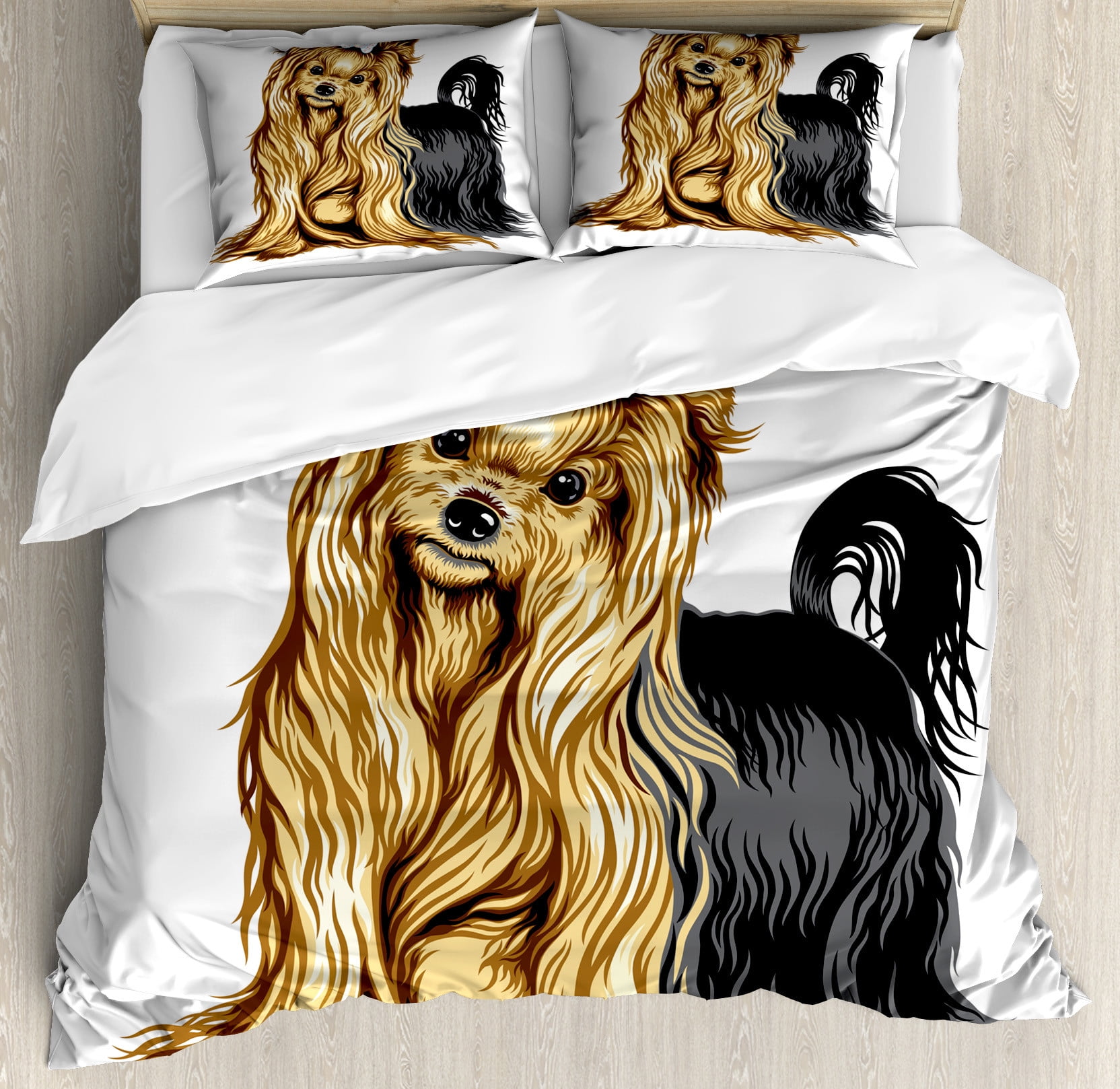 Yorkie Duvet Cover Set, Realistic Drawing Long Haired Yorkie Domestic ...