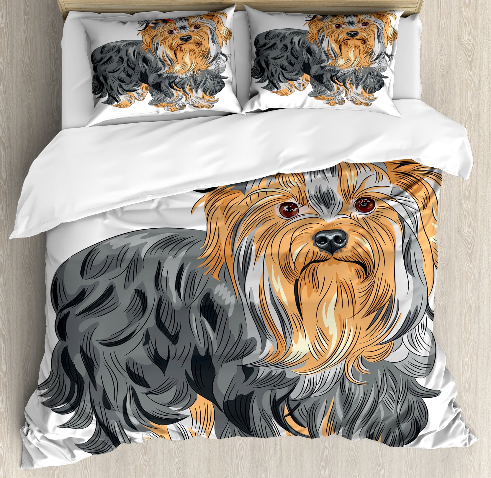 Yorkie Duvet Cover Set, Terrier with Bow on Head Colored Sketch ...