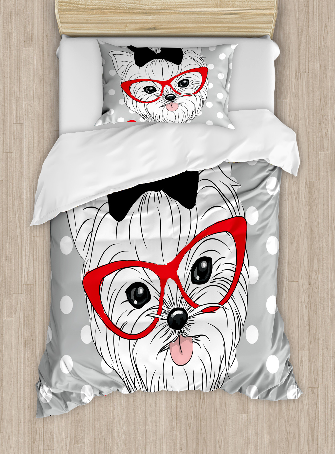 Yorkie Duvet Cover Set, Tilted Head Terrier I Love My Yorkie Red Nerd ...