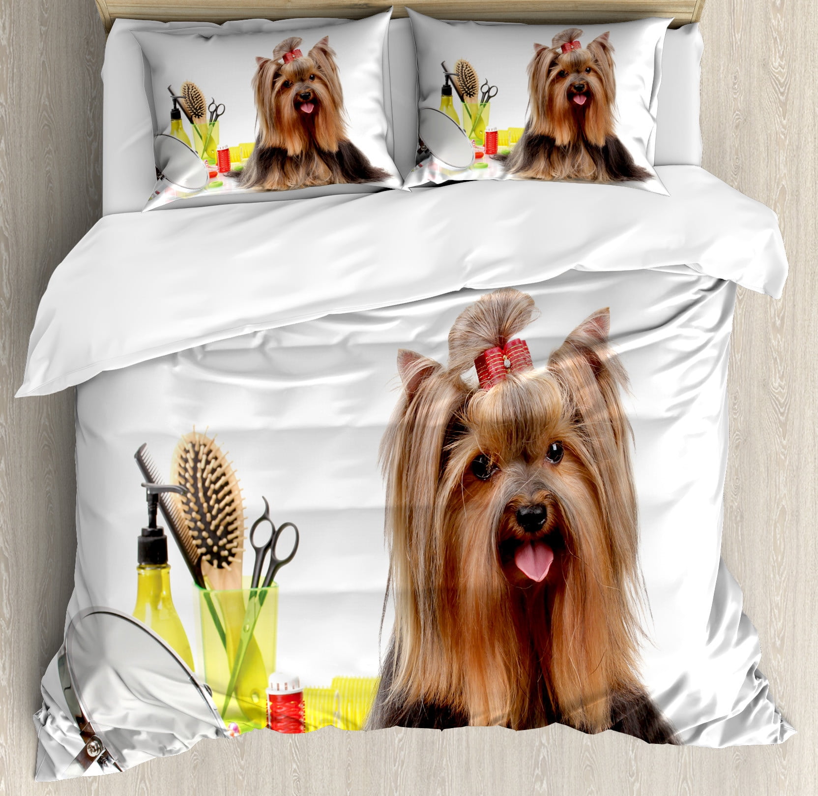 Yorkie Duvet Cover Set, Yorkshire Terrier with Hairdressing Equipment ...