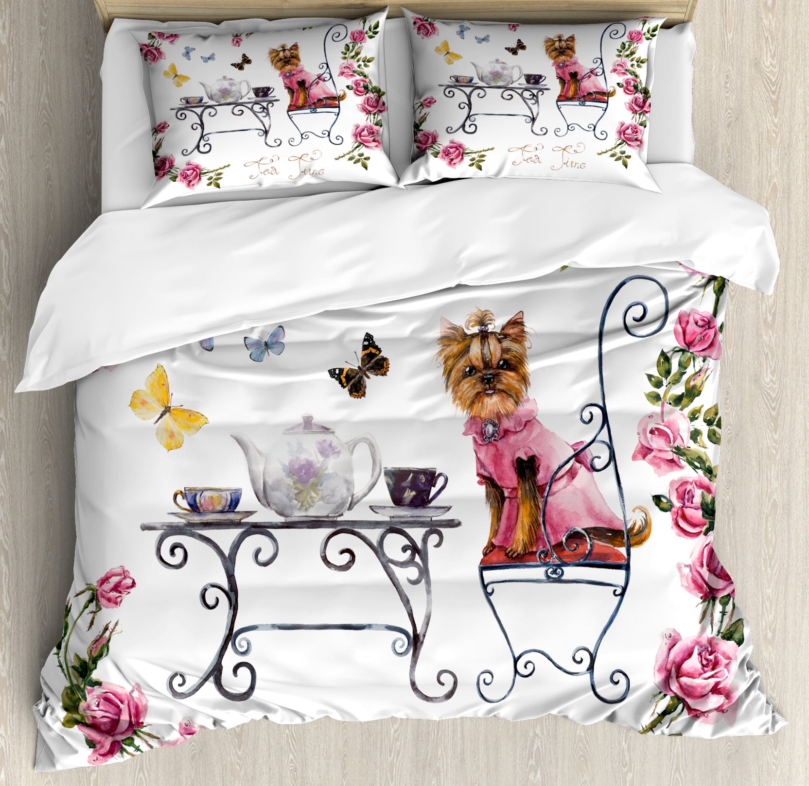 Yorkie Duvet Cover Set, Yorkshire Terrier in Pink Dress Having a Tea ...