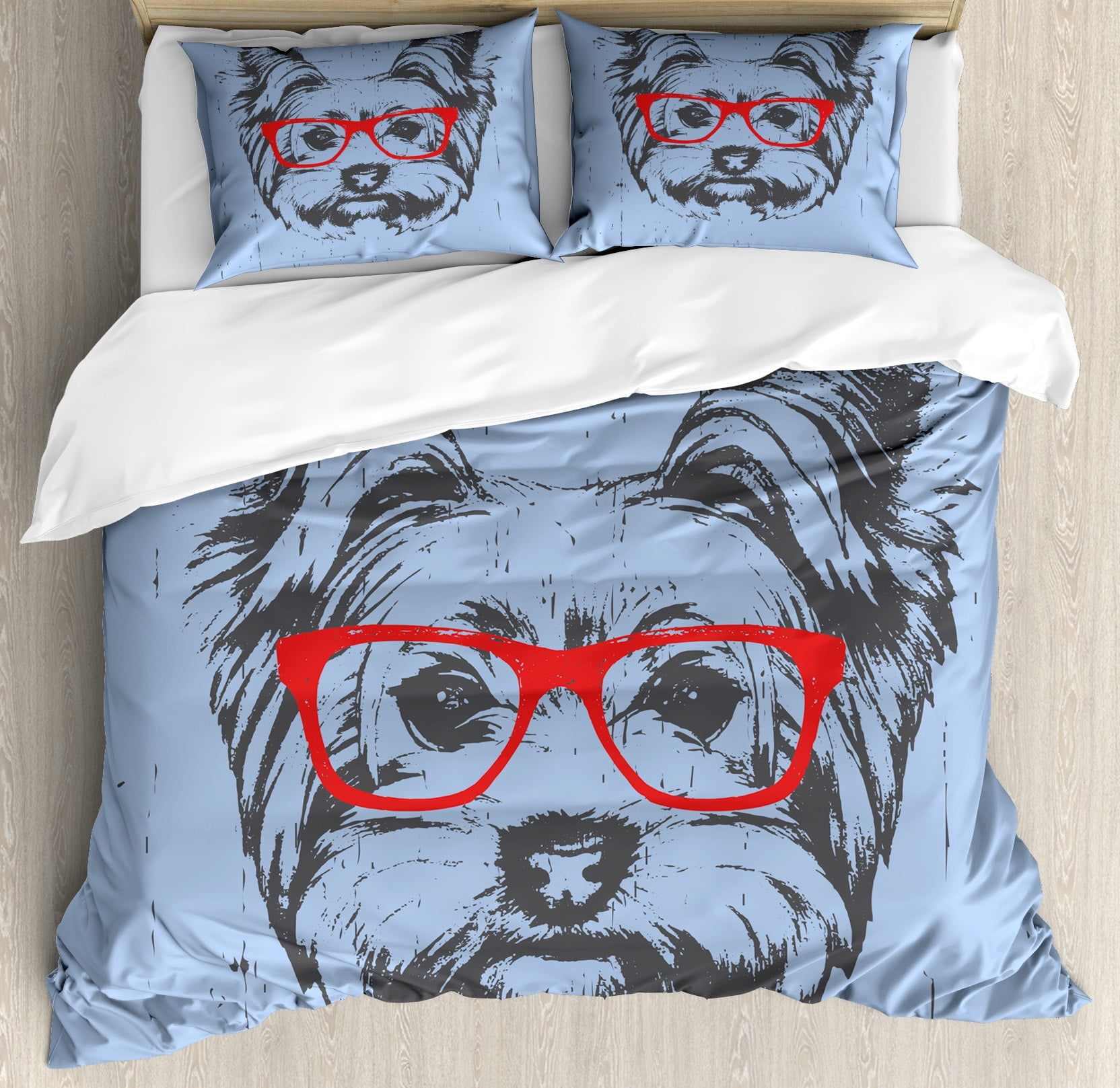 Yorkie Duvet Cover Set, Yorkshire Terrier Portrait Red Nerd Glasses ...