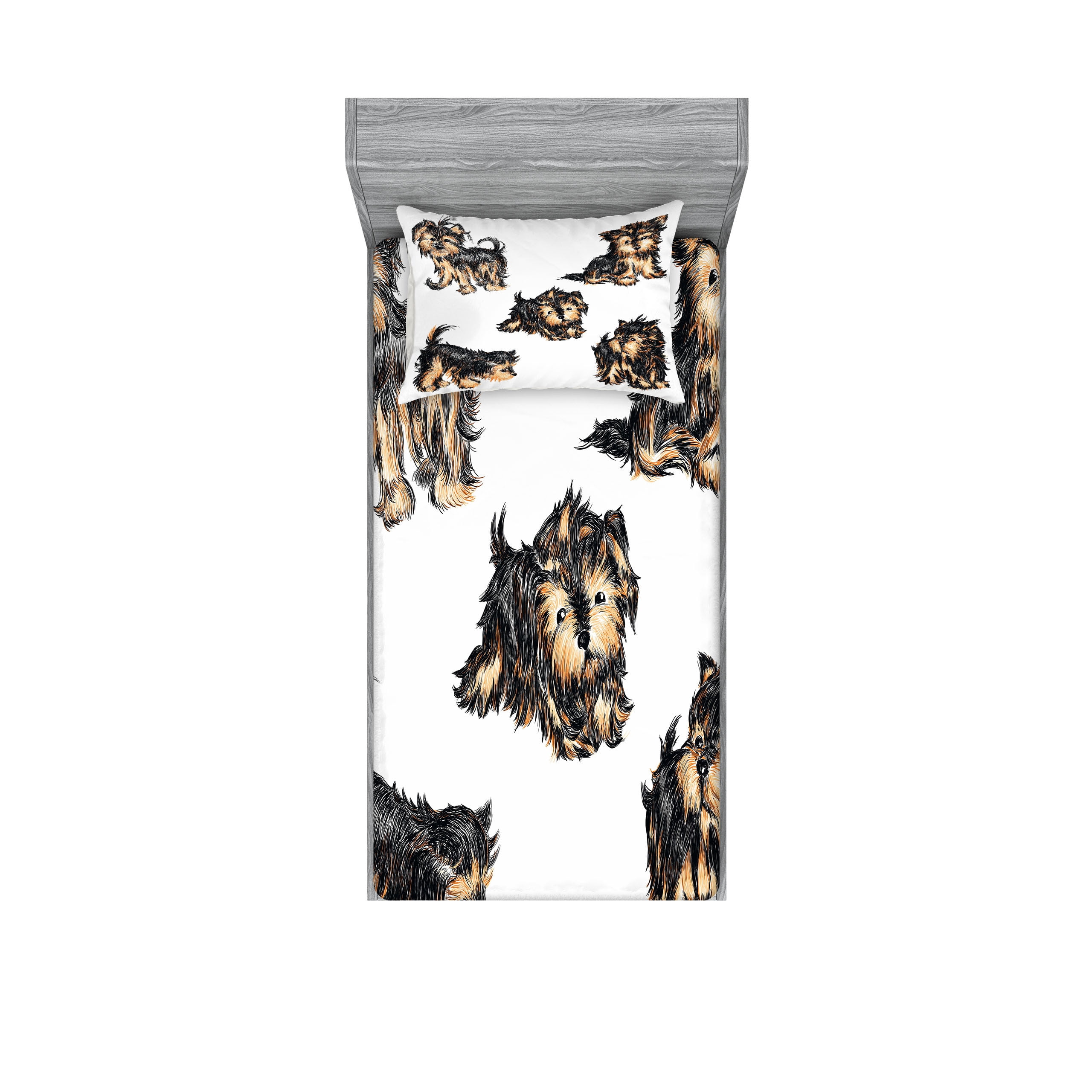 Yorkie Fitted Sheet & Pillow Sham Set, Hand Drawn Yorkies Realistic ...