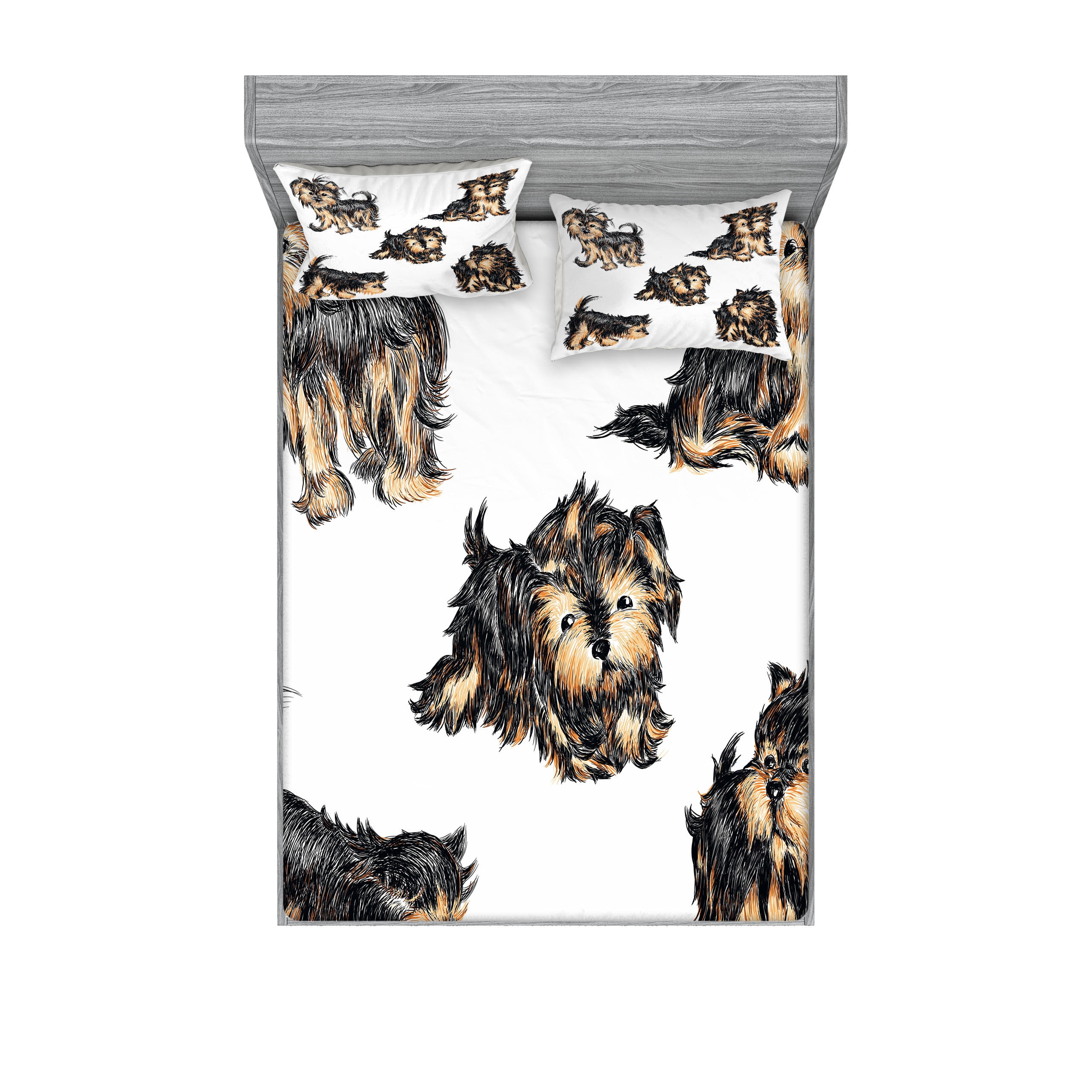Yorkie Fitted Sheet & Pillow Sham Set, Hand Drawn Yorkies Realistic ...