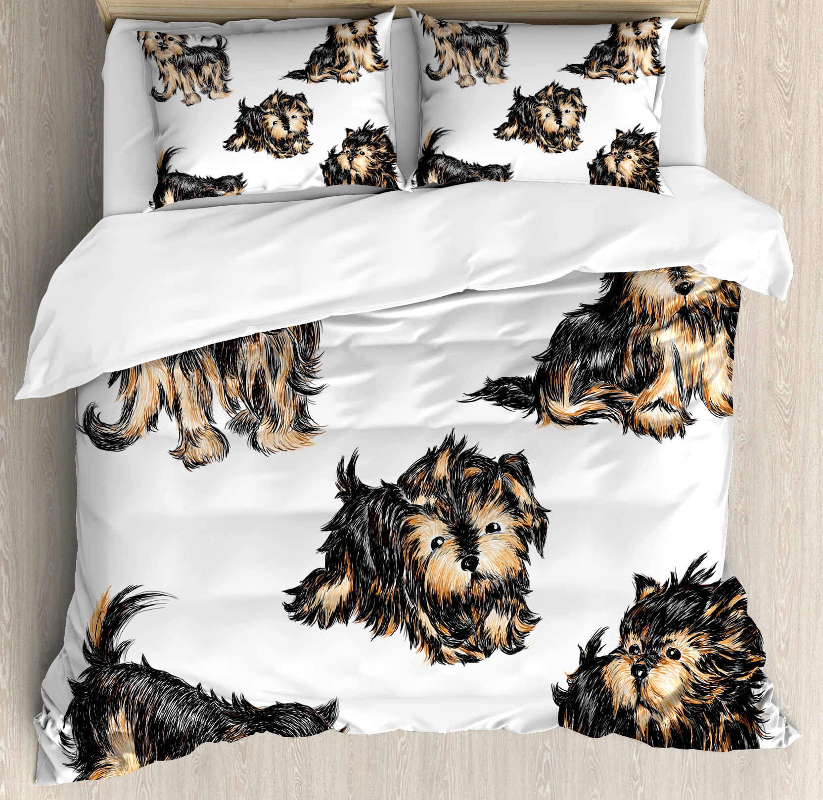 Yorkie King Size Duvet Cover Set, Hand Drawn Cute Yorkies Realistic ...
