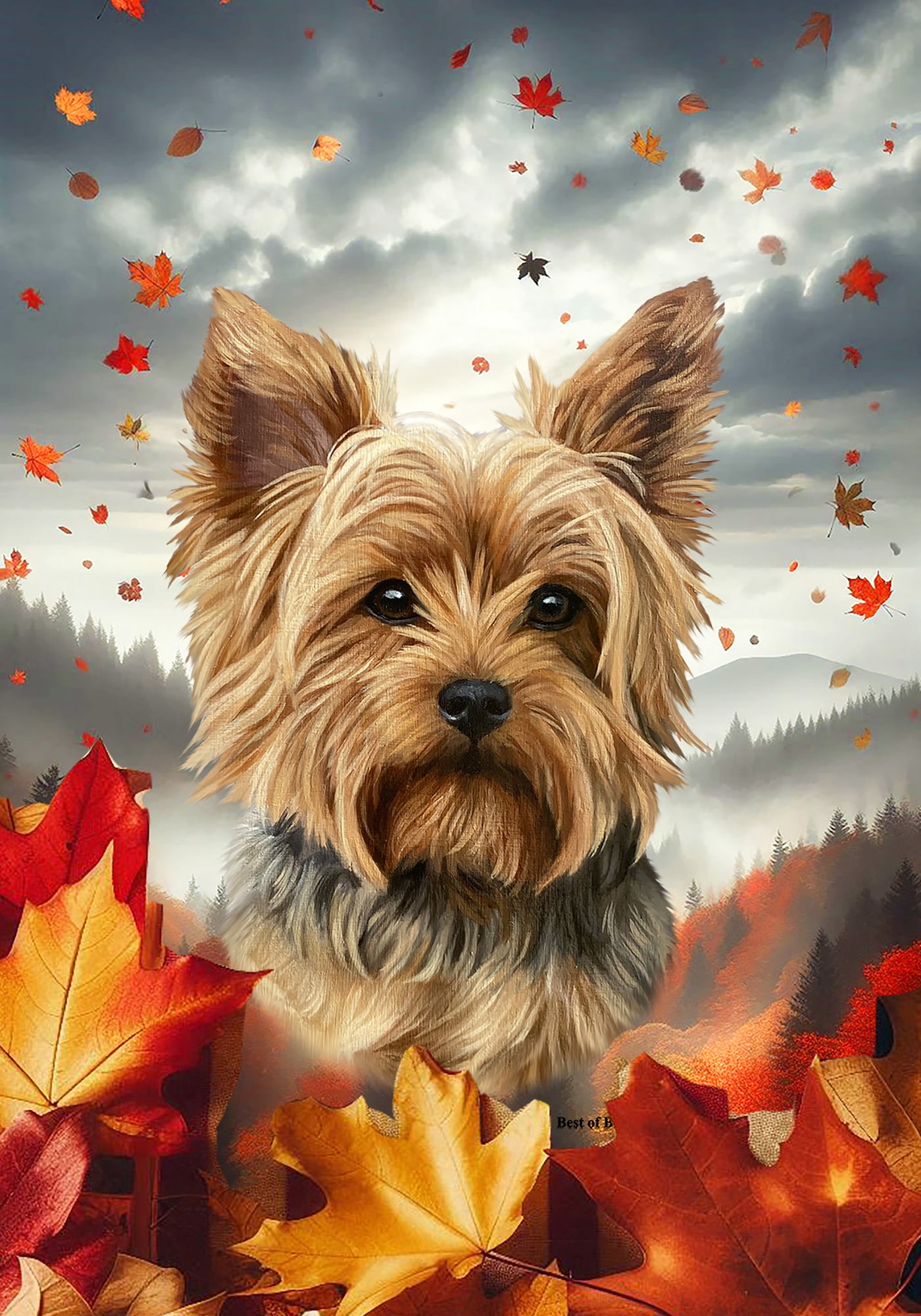 Yorkie Puppy Cut - Best of Breed Fall Leaves Outdoor House Flag 28" x ...