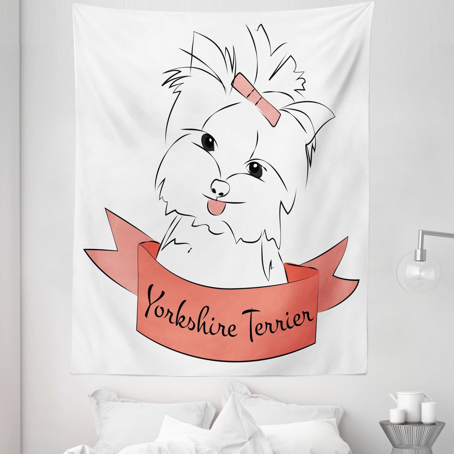 Yorkie Tapestry, Puppy with Hair Buckle Yorkie Terrier Animal Ribbon ...