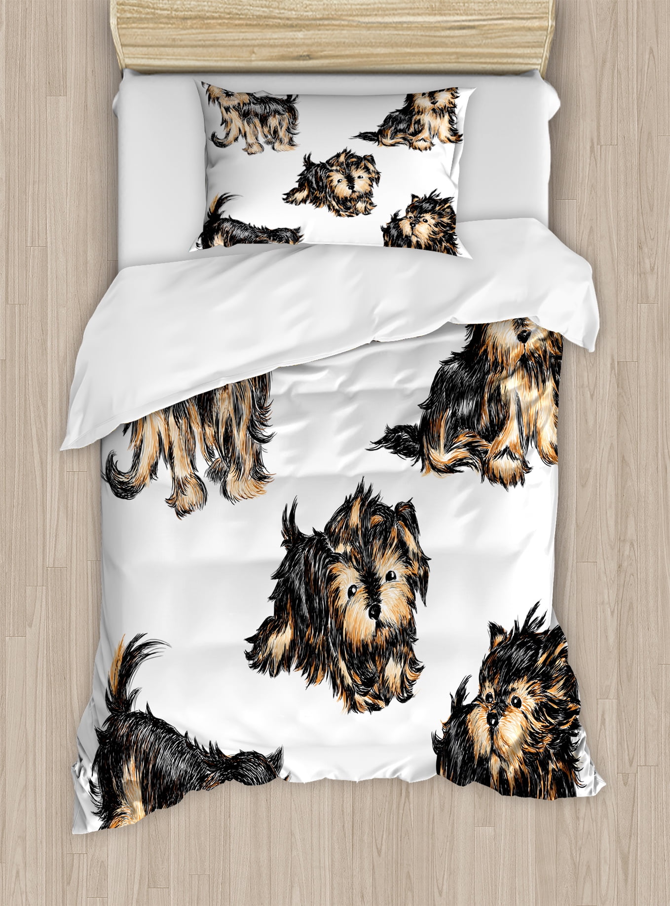 Yorkie Twin Size Duvet Cover Set, Hand Drawn Cute Yorkies Realistic ...