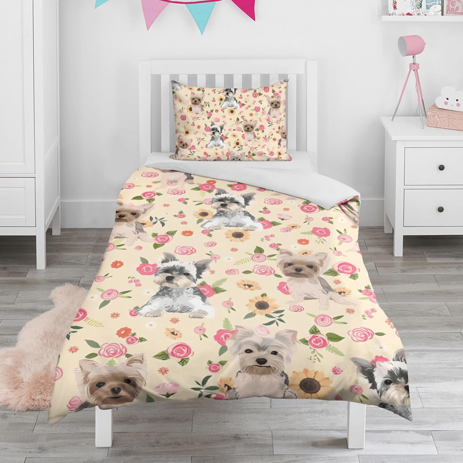 Yorkie with Flowers Duvet Cover and Pillowcase Set for Single Bedding ...