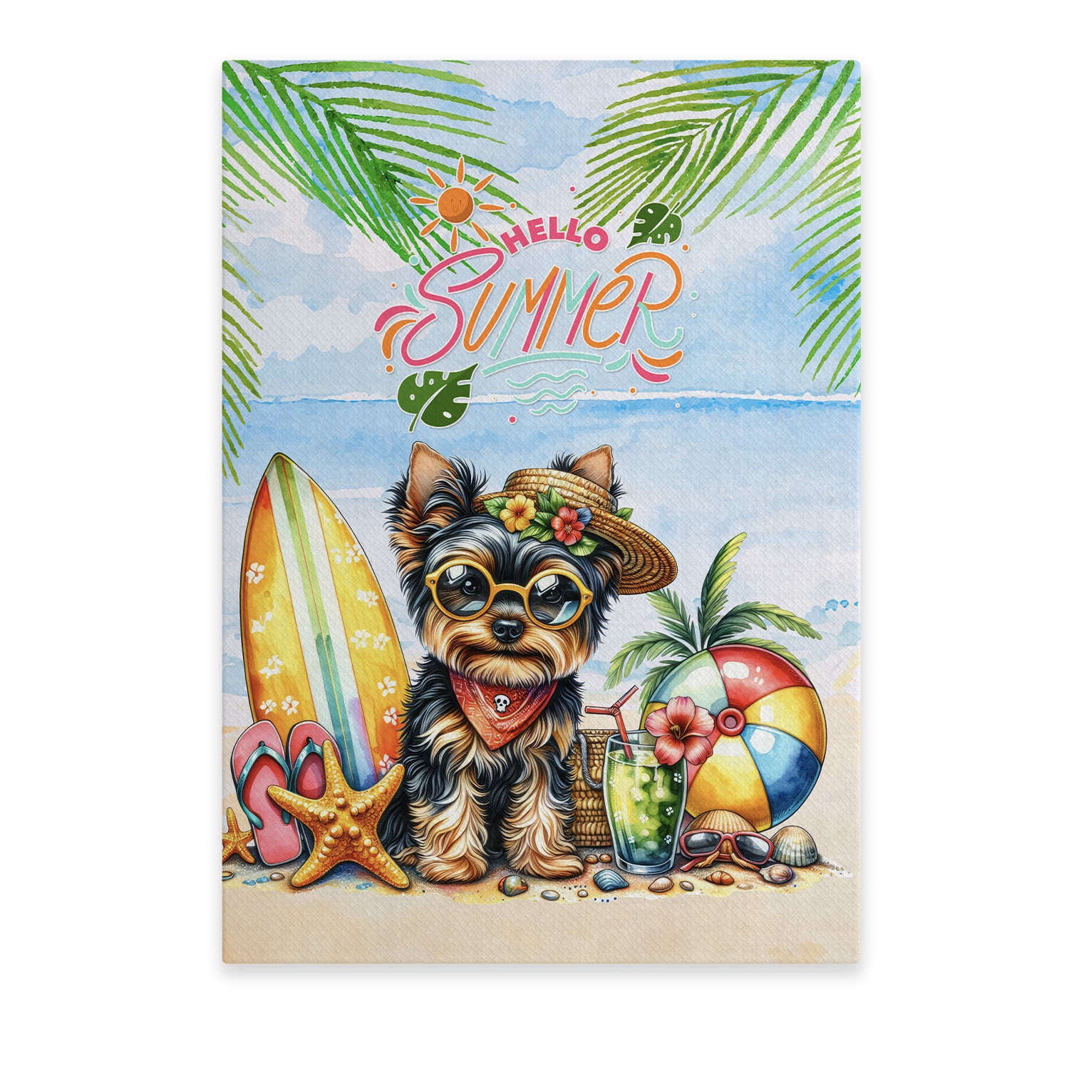 Yorkshire Terrier Hello Summer with Sunglasses and Surfboard Tropical ...