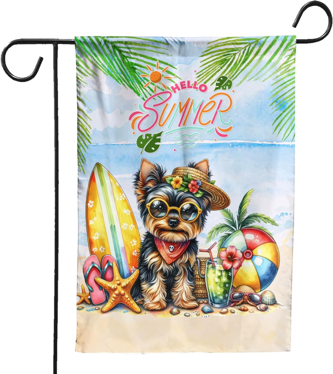 Yorkshire Terrier Hello Summer with Sunglasses and Surfboard Tropical ...