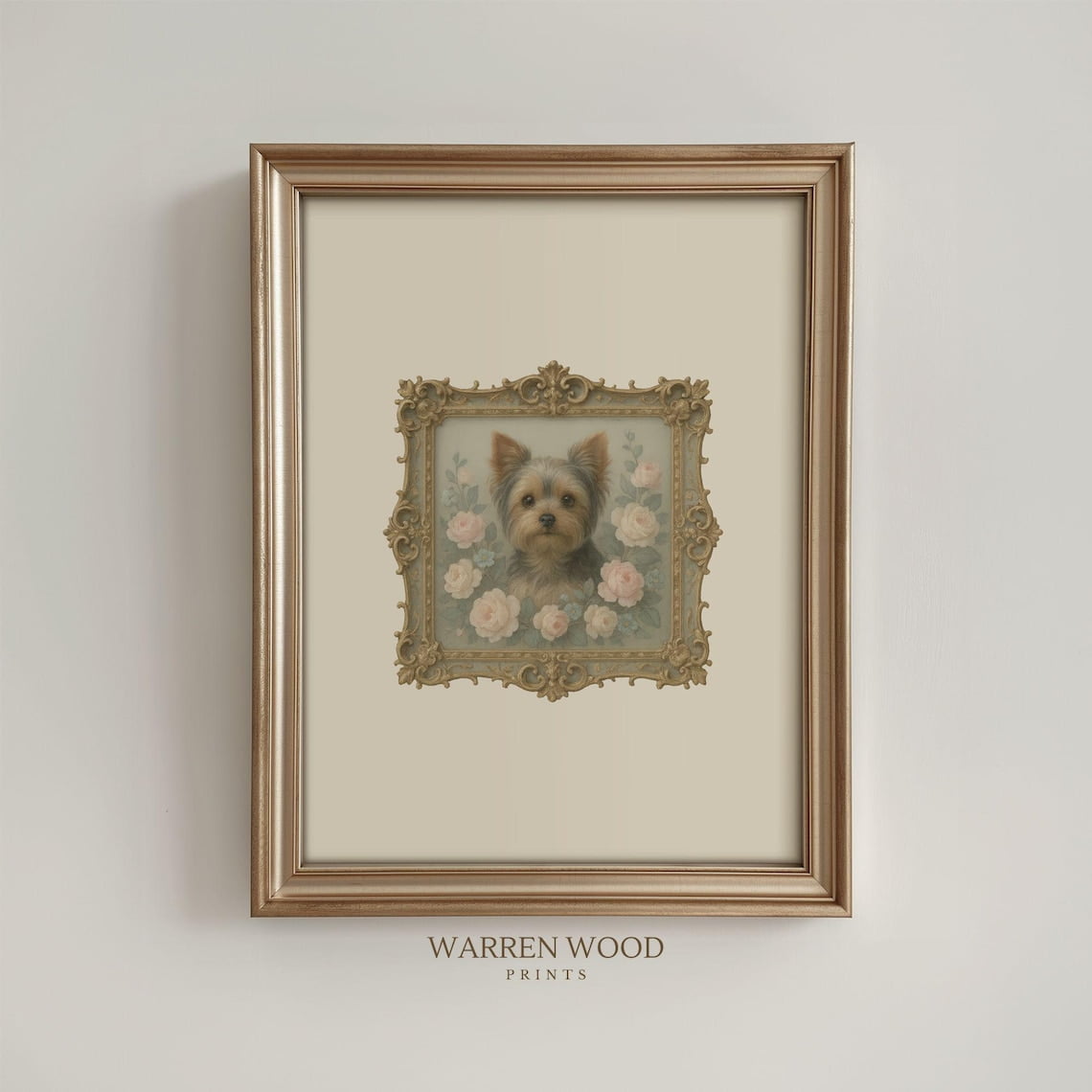 Yorkshire Terrier Wall Art Print, Neutral Dog Portrait, Floral Gold ...