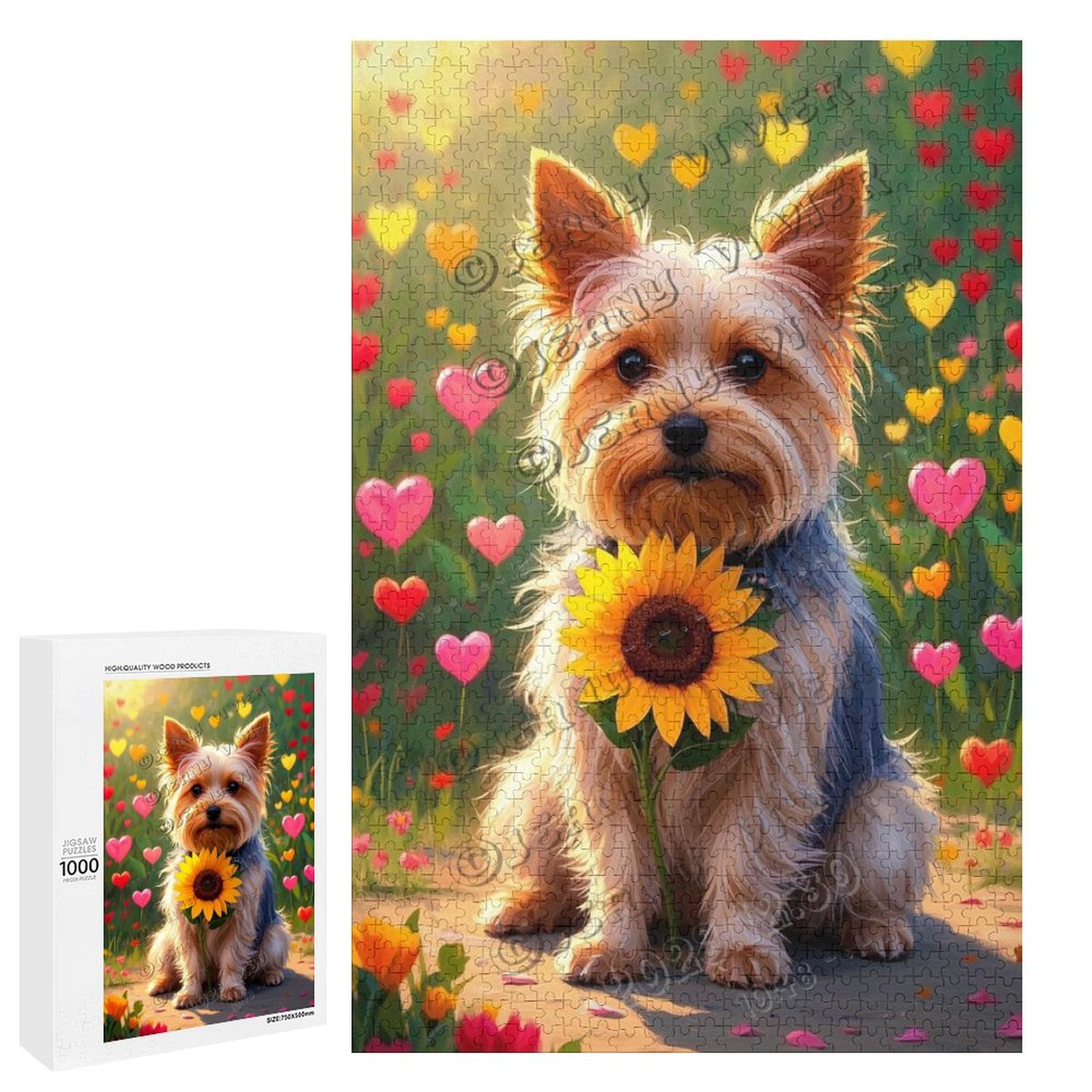 Yorkshire Terrier with Sunflower – 1000 pcs Wooden Puzzle for Adults ...