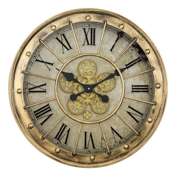 Yosemite Home Decor Large Gilded Round Metal Gear Wall Clock in Gold ...
