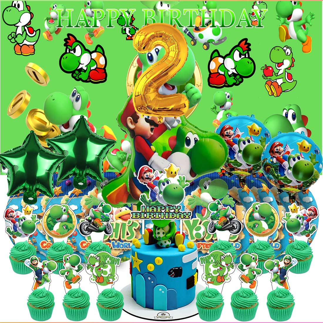 Yoshi 2nd Tableware Balloons Cake Toppers Backdrop Banner Supplies ...