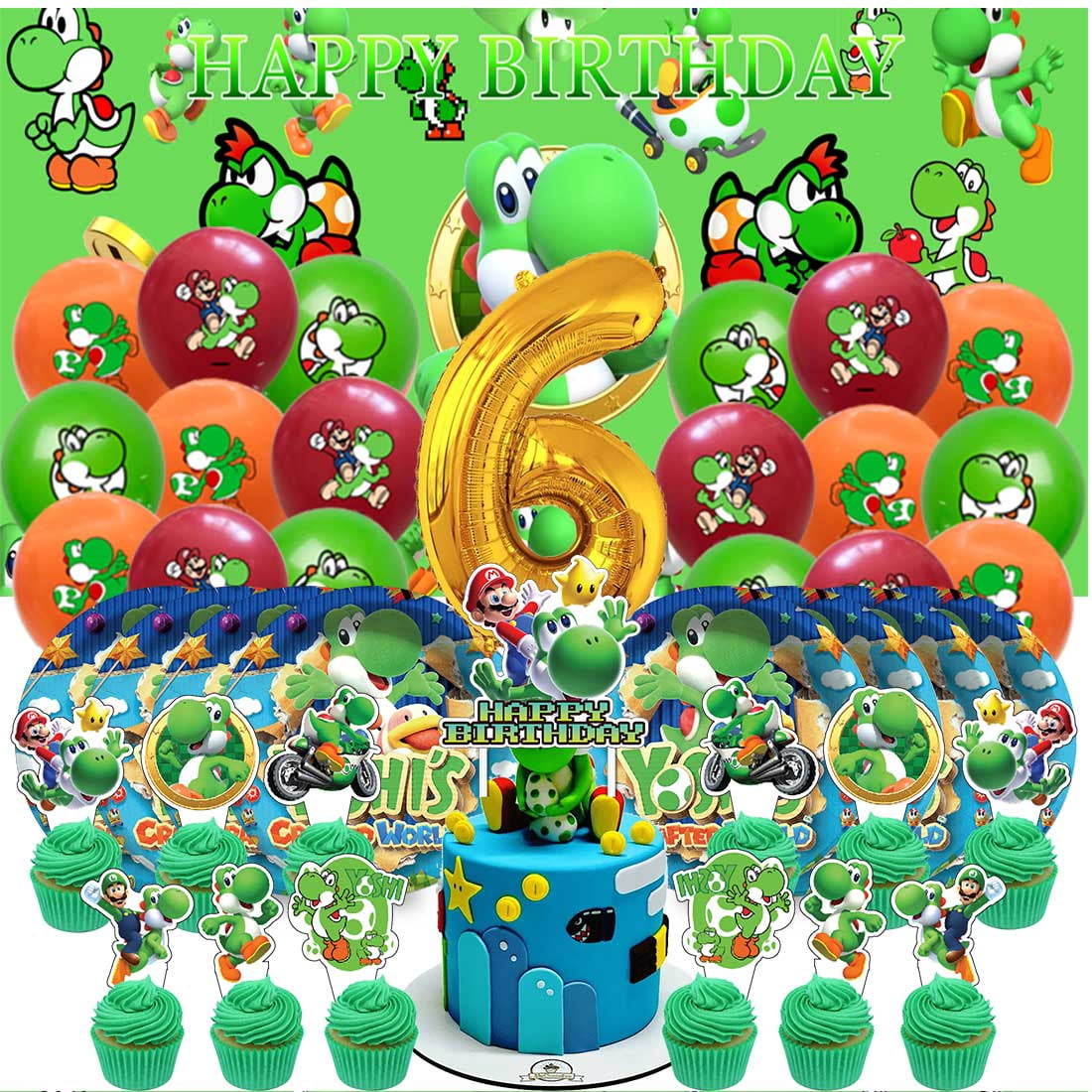 Yoshi Balloons Party Supplies 6th Decor Tableware Birthday Cake Topper ...