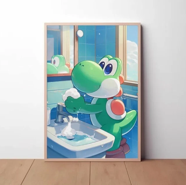 Yoshi Bathroom Poster Wash Your Hands, Mario Bros Wall Art NO FRAMED ...