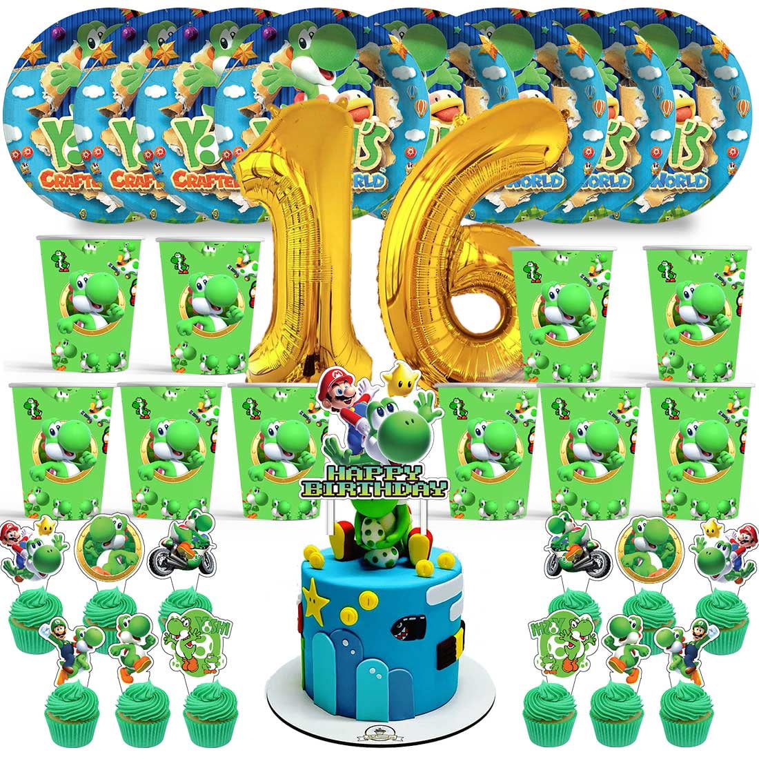 Yoshi Birthday 16th Cups Party Supplies Plates Fans Decorations Cake ...