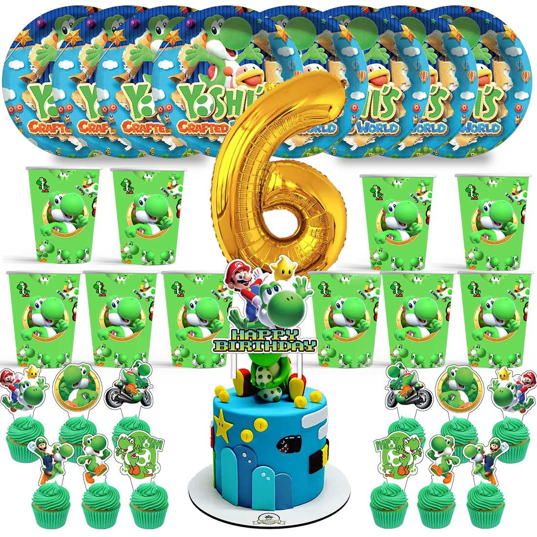 Yoshi Birthday 6th Cups Party Supplies Plates Fans Decorations Cake ...