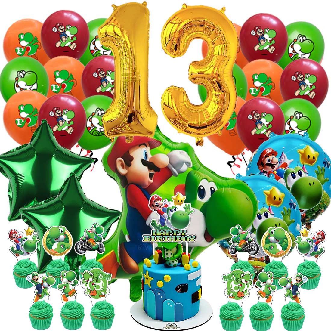 Yoshi Party Supplies 13th Decor Kit Balloons Birthday Cake Topper ...