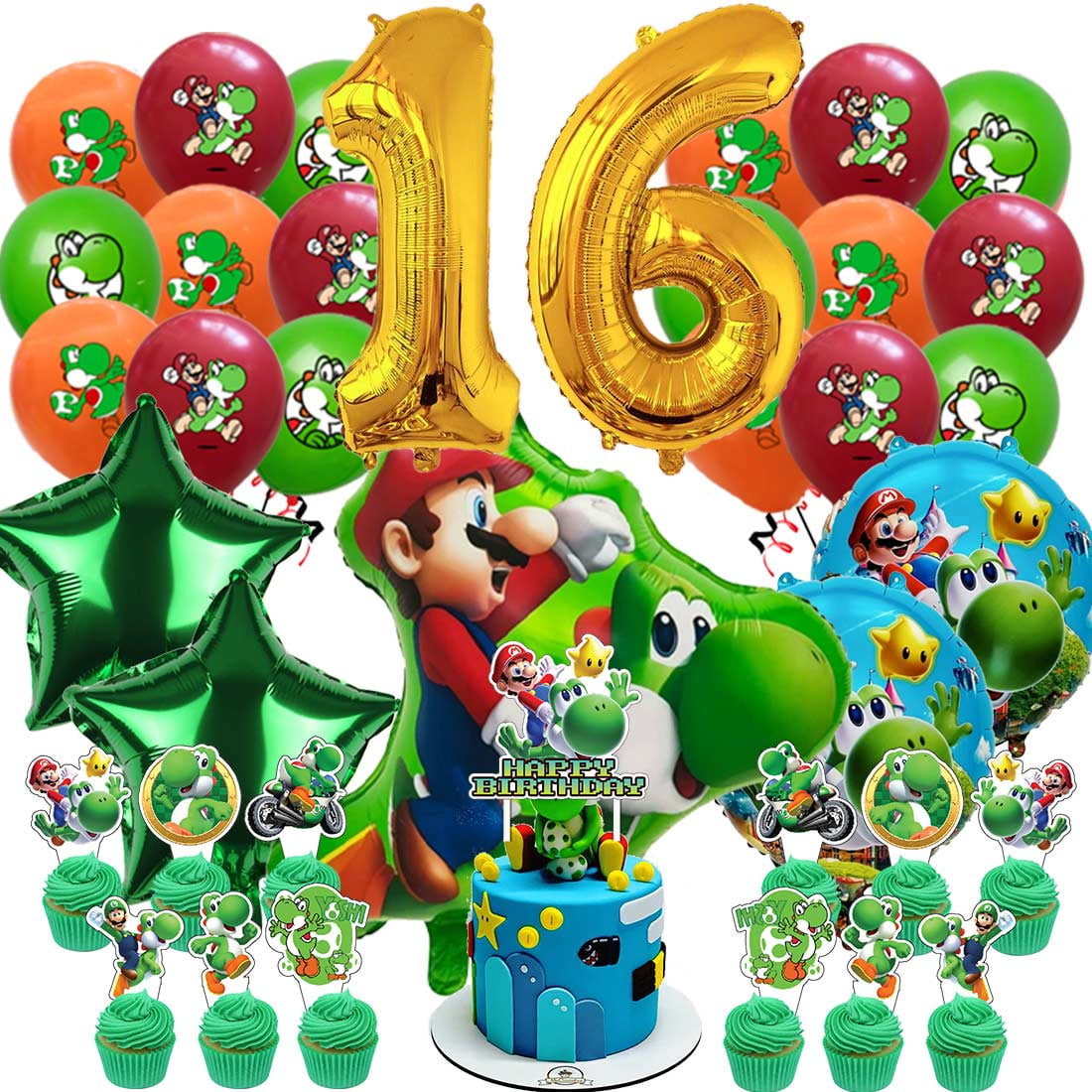 Yoshi Party Supplies 16th Decor Kit Balloons Birthday Cake Topper ...
