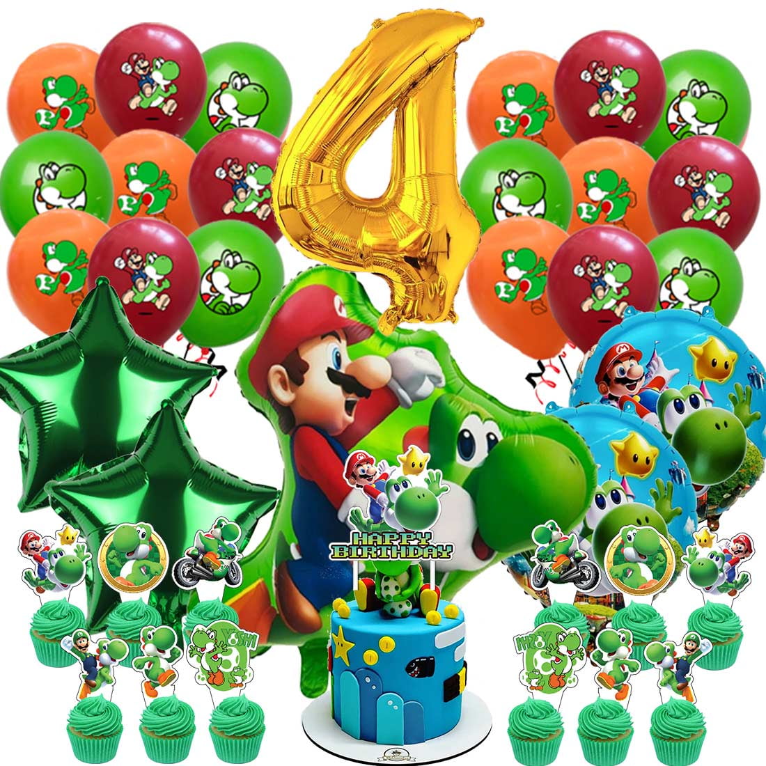 Yoshi Party Supplies 4th Decor Kit Balloons Birthday Cake Topper ...