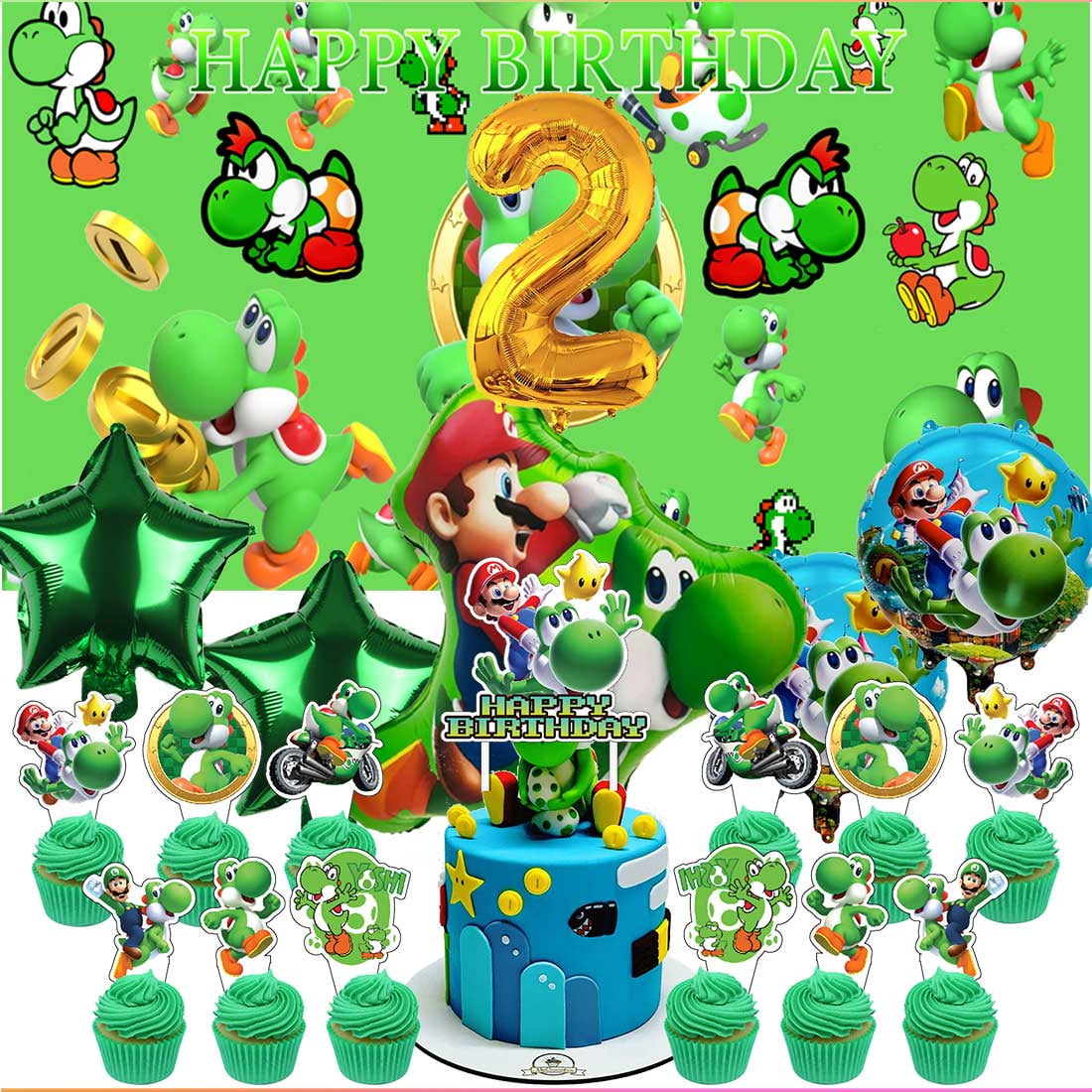 Yoshi Party Supplies Decor 2nd Kit Balloons Birthday Cake Topper Banner ...