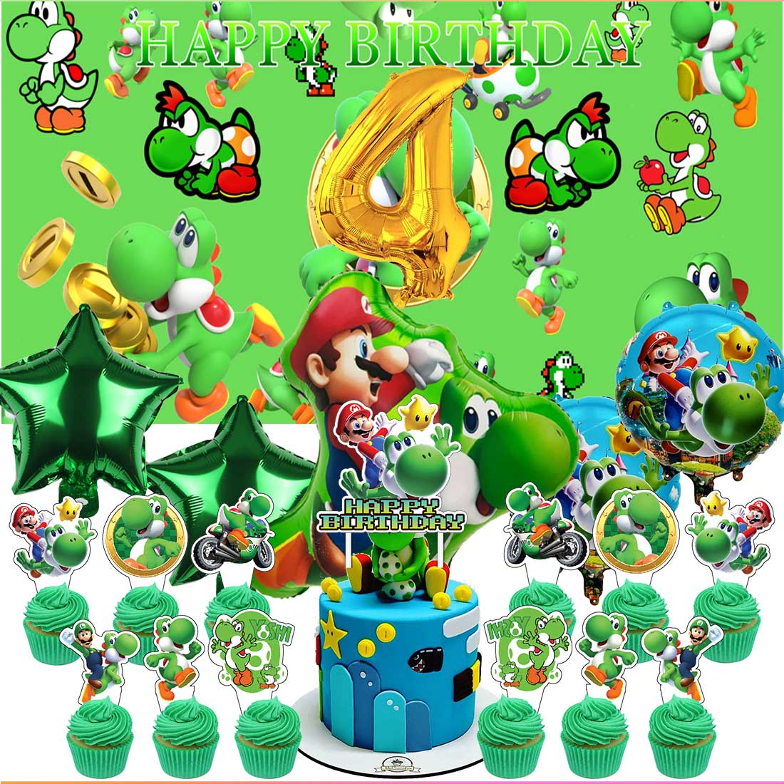 Yoshi Party Supplies Decor 4th Kit Balloons Birthday Cake Topper Banner ...