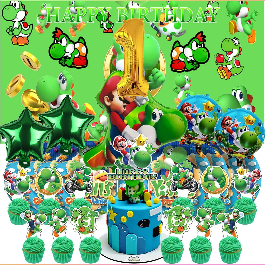 Yoshi Party Supplies Decor Tableware Backdrop Banner Cake Topper ...