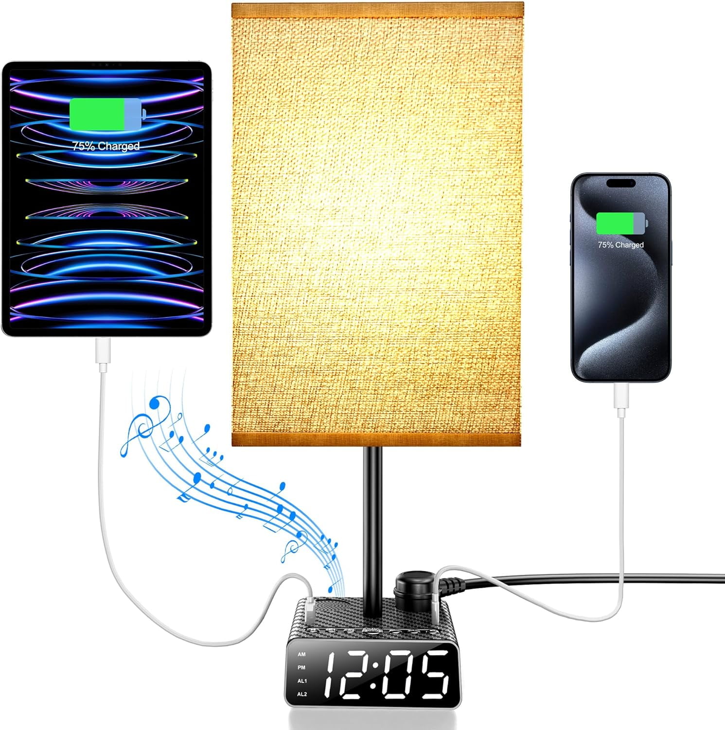 Yostyle Table Lamp with Alarm Clock Base, Bedside Lamp,2 USB & 1 AC ...