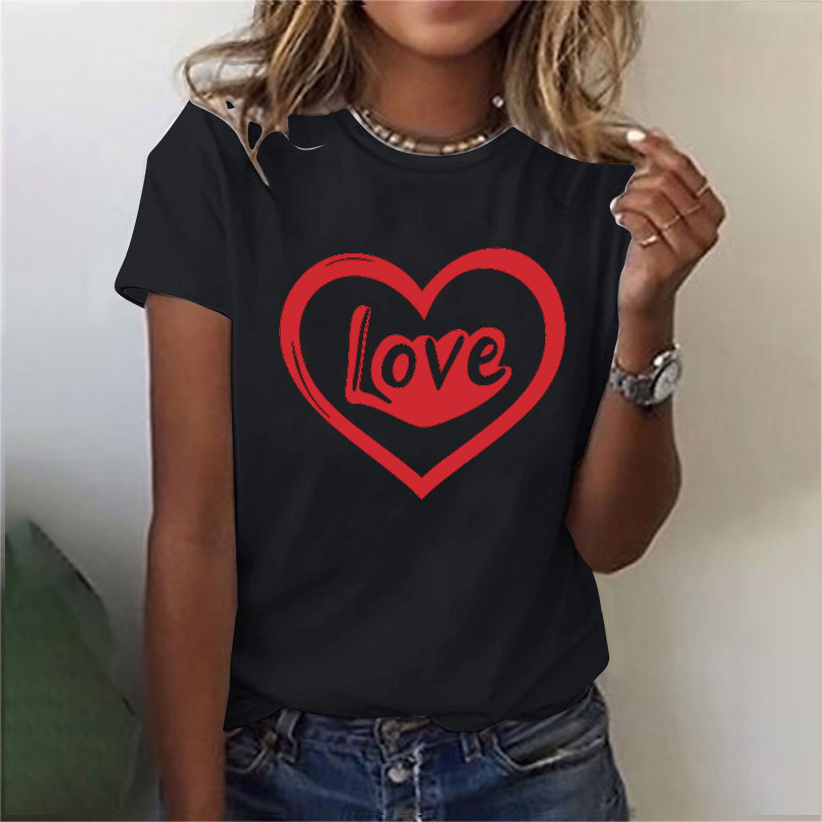 Yotami Valentine's Day Plus Size Heart Print T-Shirt for Women Crew ...