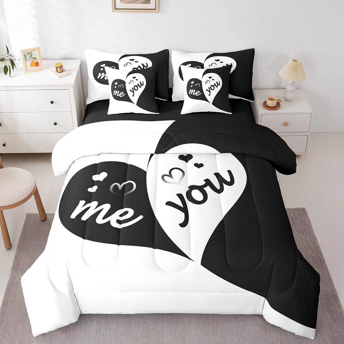 You and Me 7 Piece Comforter Set Full Bed in a Bag,Black and White Love Heart Sheet Set,Romantic ...