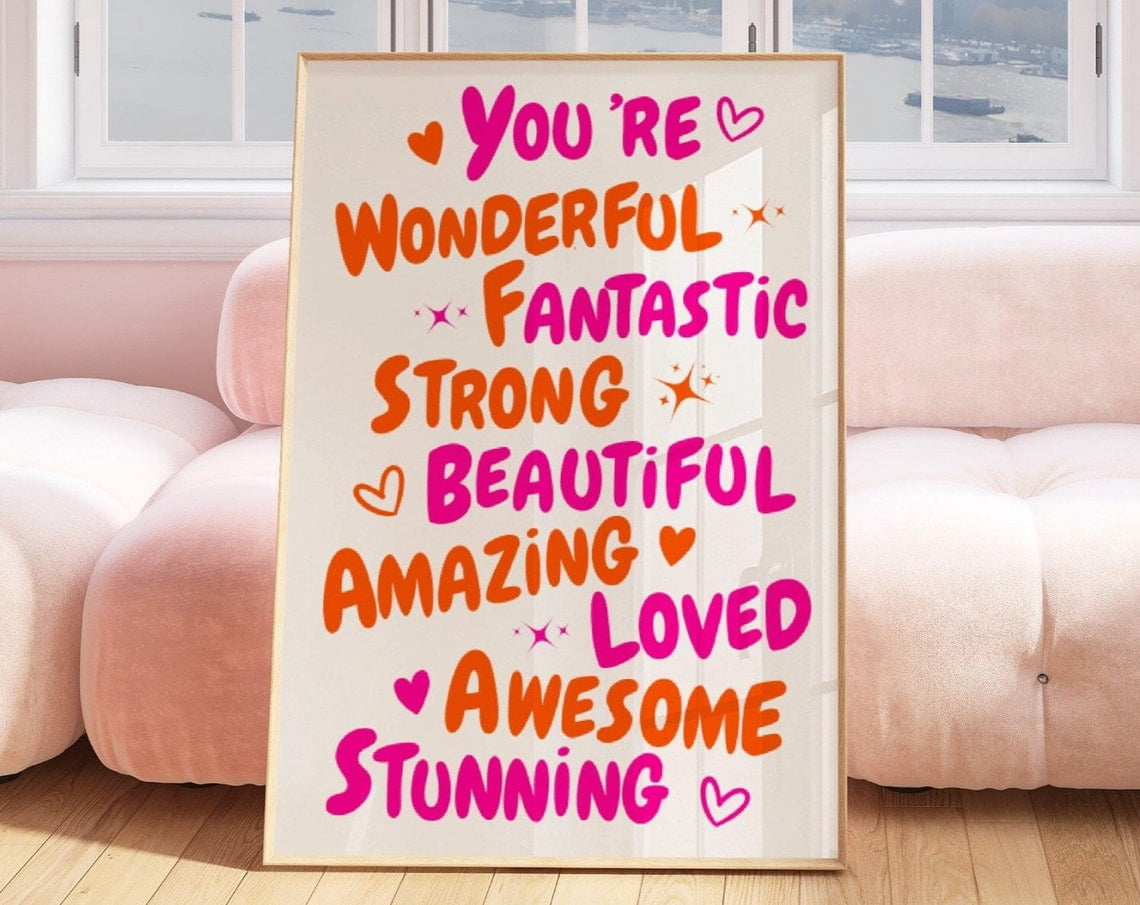 You Are Amazing Pink Orange Poster, Affirmation Quote Print, 70S Pink ...