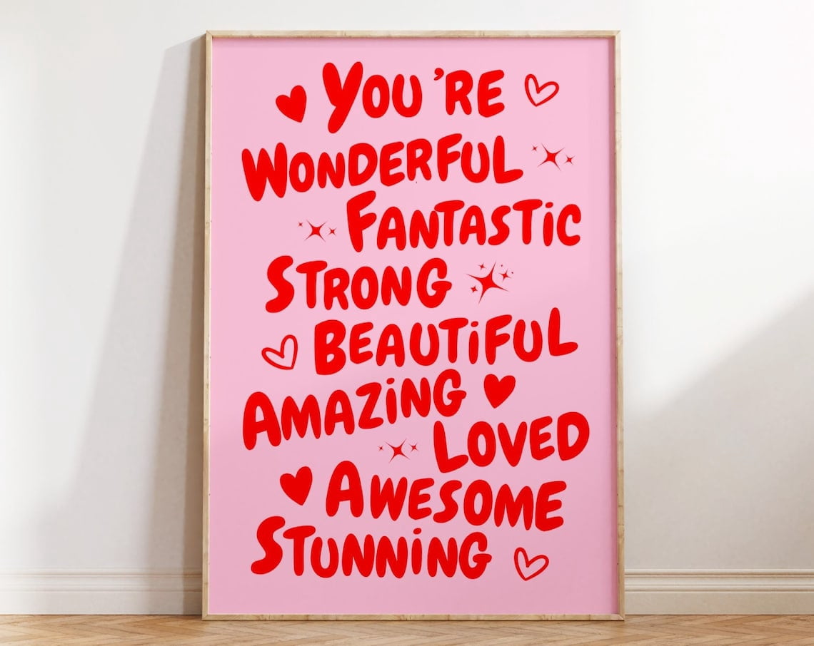 You Are Amazing Print, Pink Red Preppy Wall Art, 70S Pink Wall Art ...
