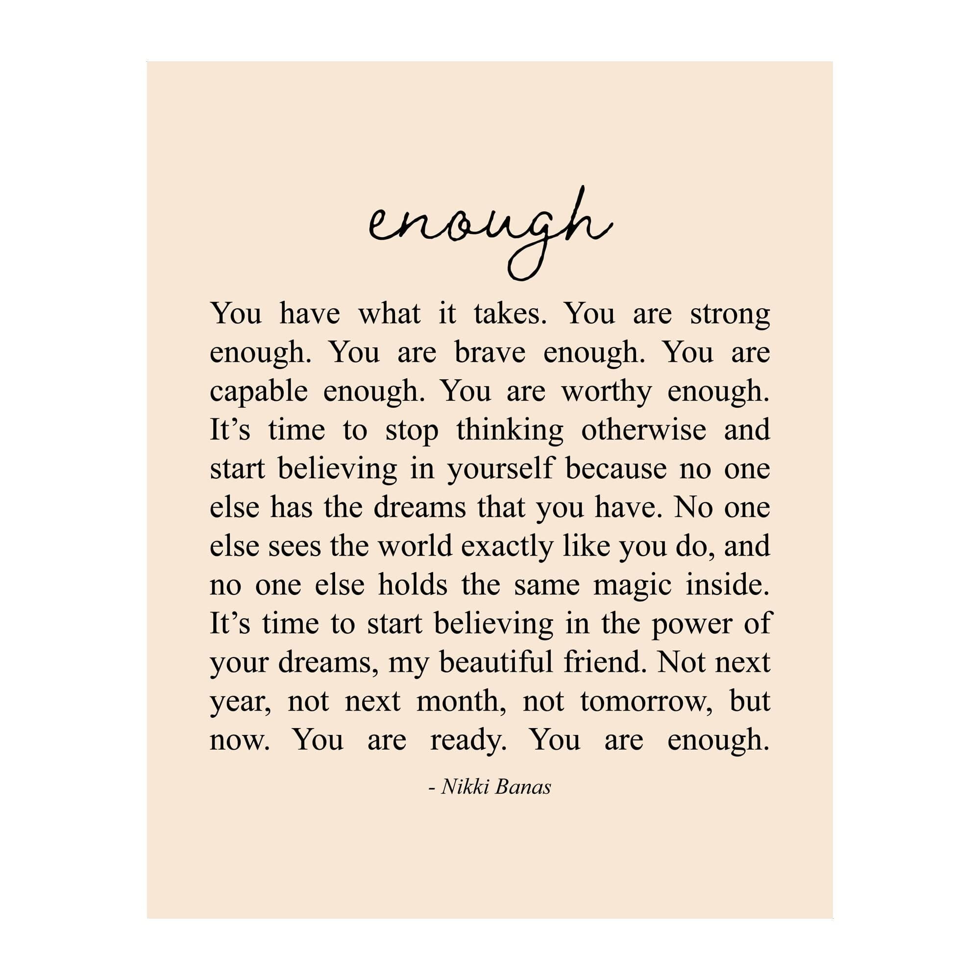 You Are Enough - Motivational Wall Art Print, Inspirational Nikki Banas ...