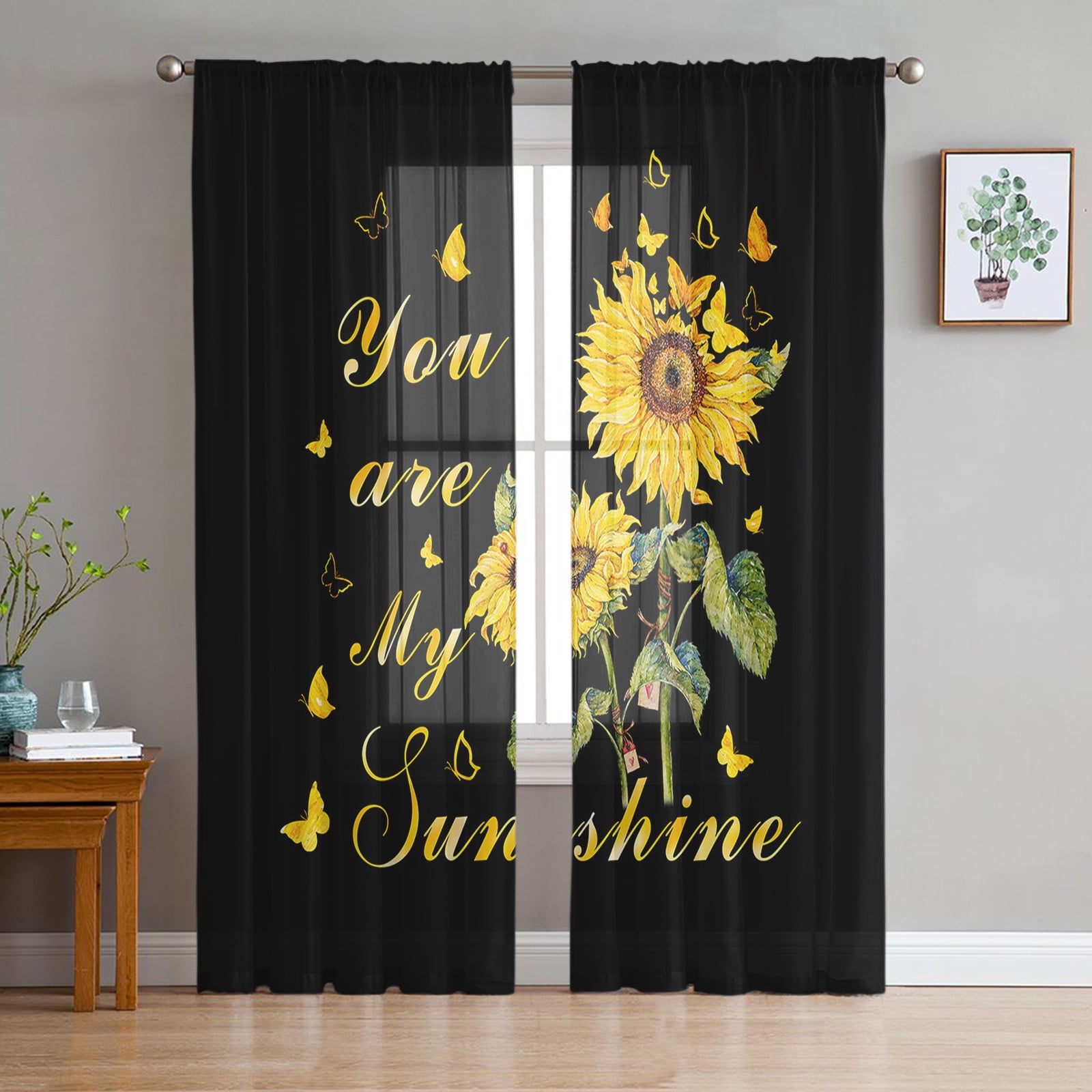 You Are My Sunshine Sunflower Butterfly Black Voile Tulle Sheer ...