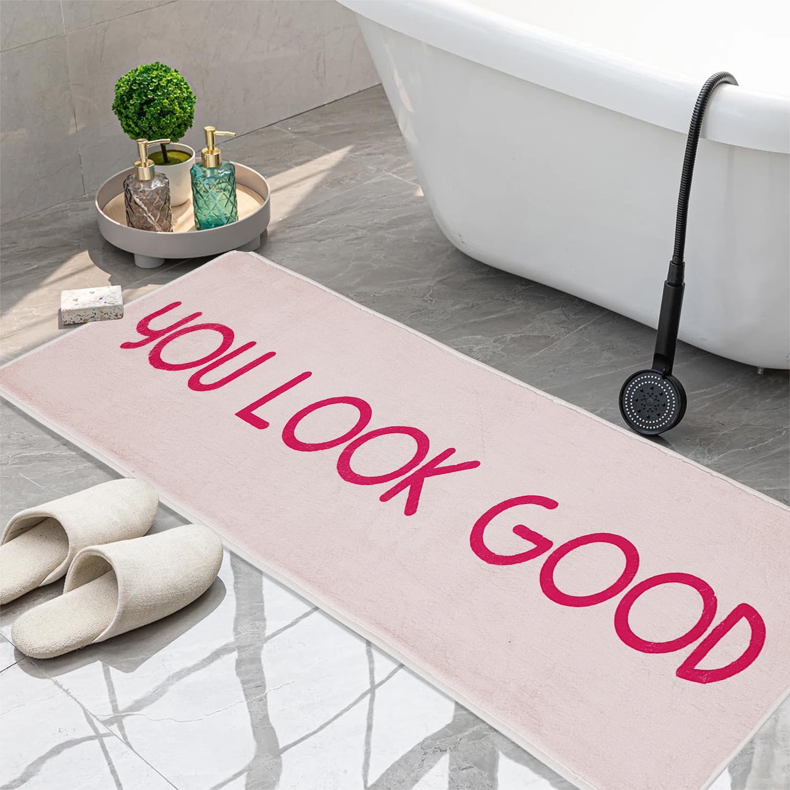 You Look Good Bath Mat Hot Pink, Cute Long Pink and White Runner Rug ...