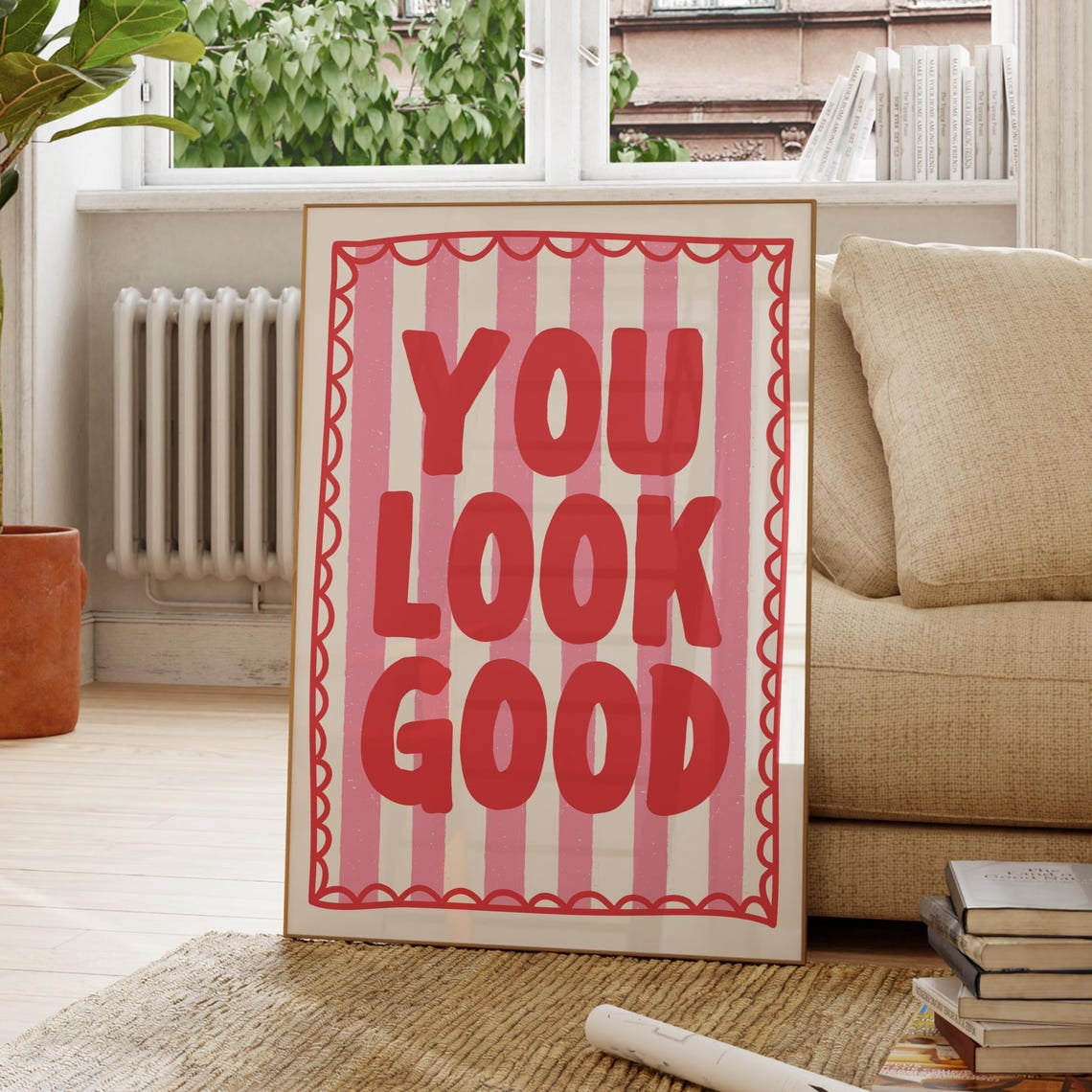 You Look Good Poster Bold Red Pink Striped Dopamine Decor Bathroom Art ...