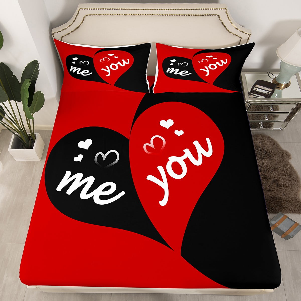 You and Me Fitted Sheet Red and Black Love Heart Bed Sheets Twin ...