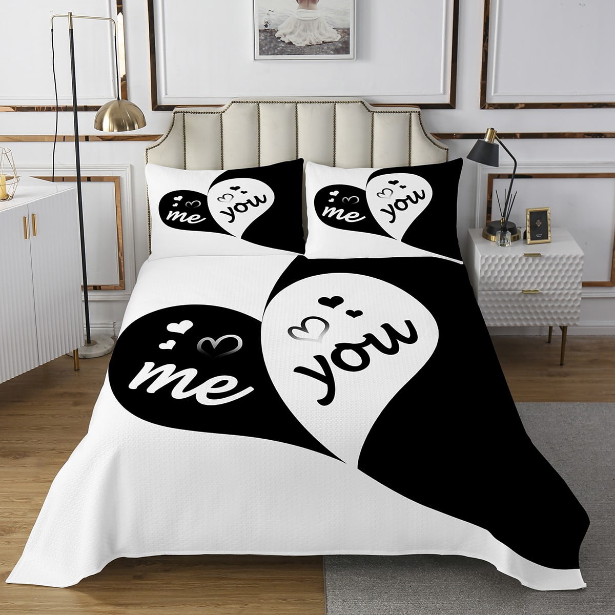 You and Me Quilt Set Black and White Love Heart Coverlet Set,Romantic ...