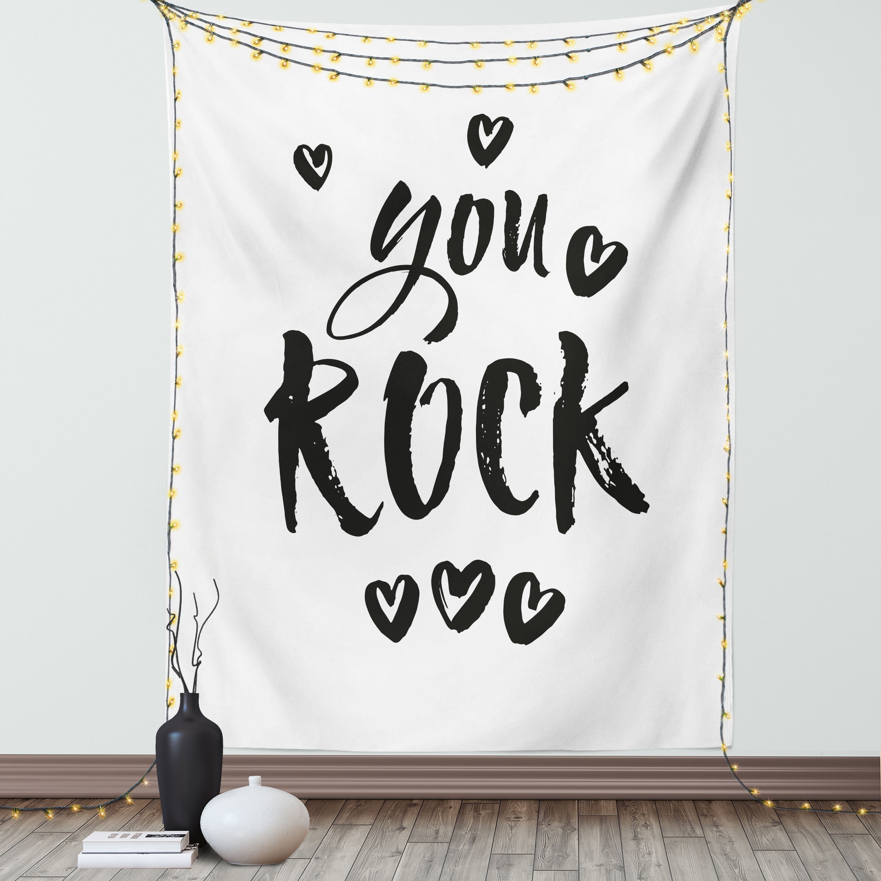 You Rock Tapestry, Hand Written Calligraphy Heart Ornaments Monochrome ...