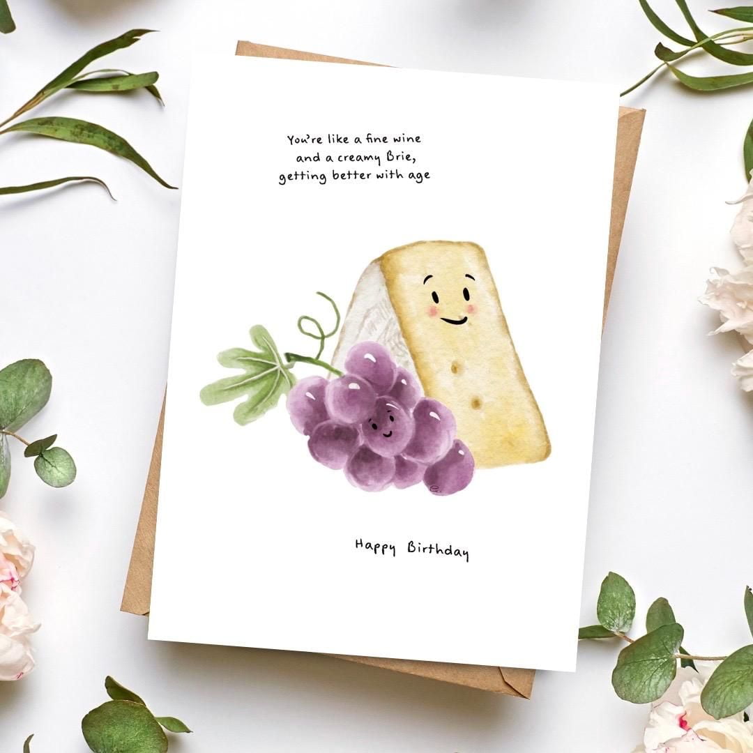 You're Like a Fine Wine Birthday Card – Cute Cheese and Grape Design ...