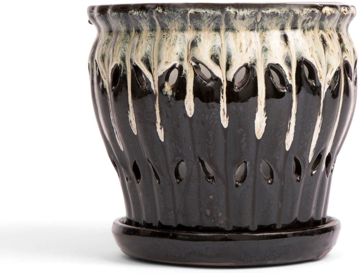 YouLLin 6" Pinwheel Fluted Ceramic Plant Pot (Honey Cream Over Copper ...